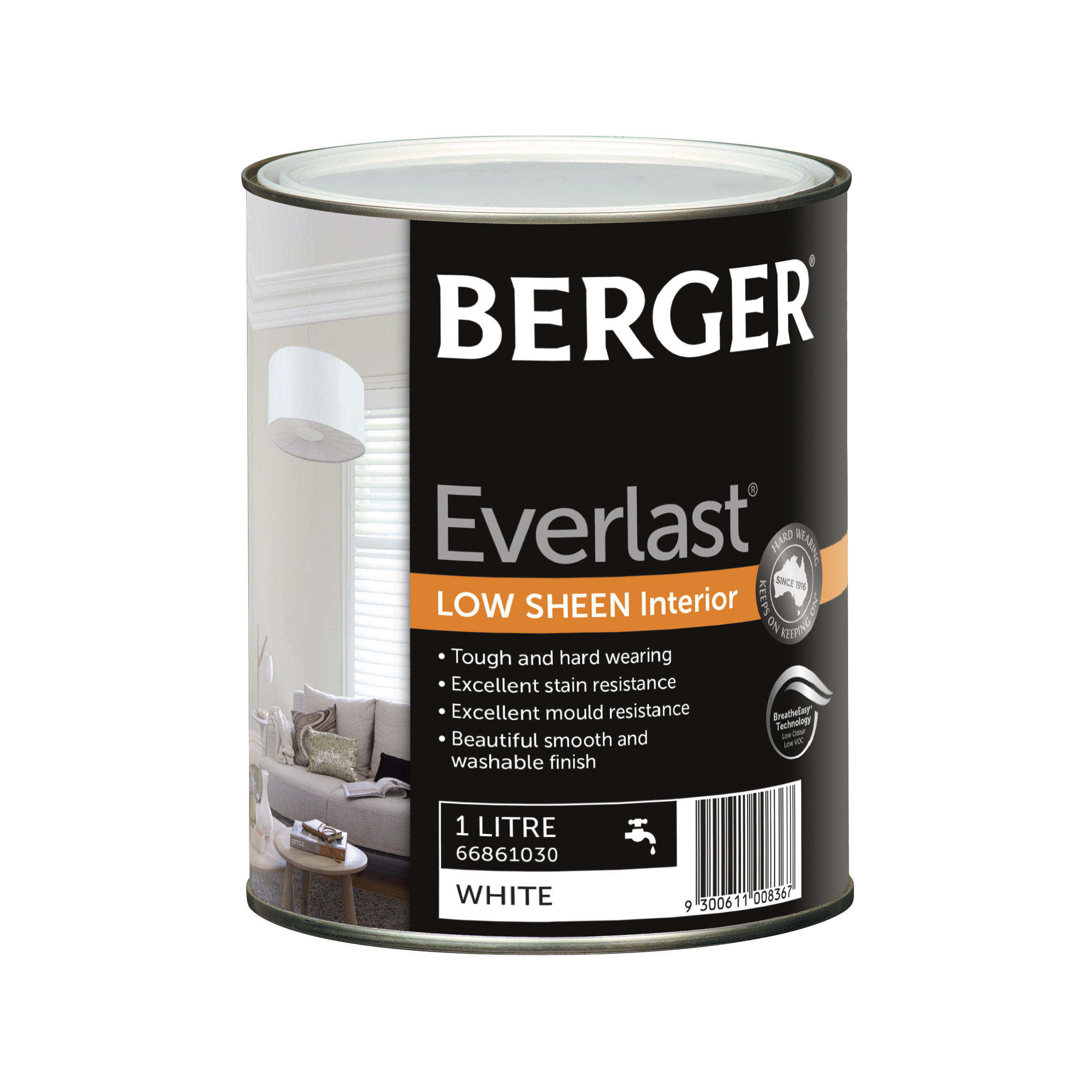 Berger Everlast Low Sheen White 1L - Inspirations Paint