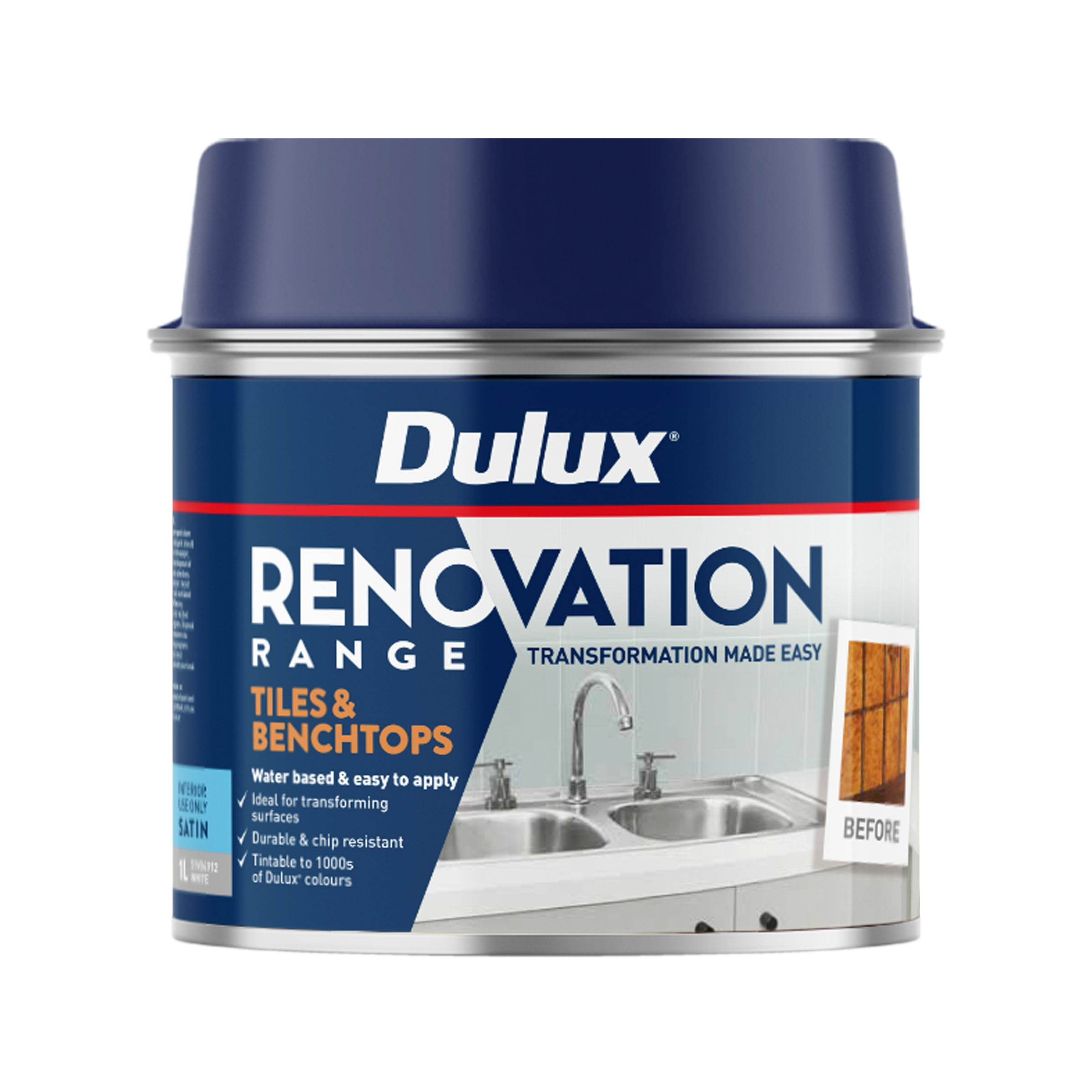 Dulux Renovation Range Tiles & Benchtops Satin Vivid White 1L ...