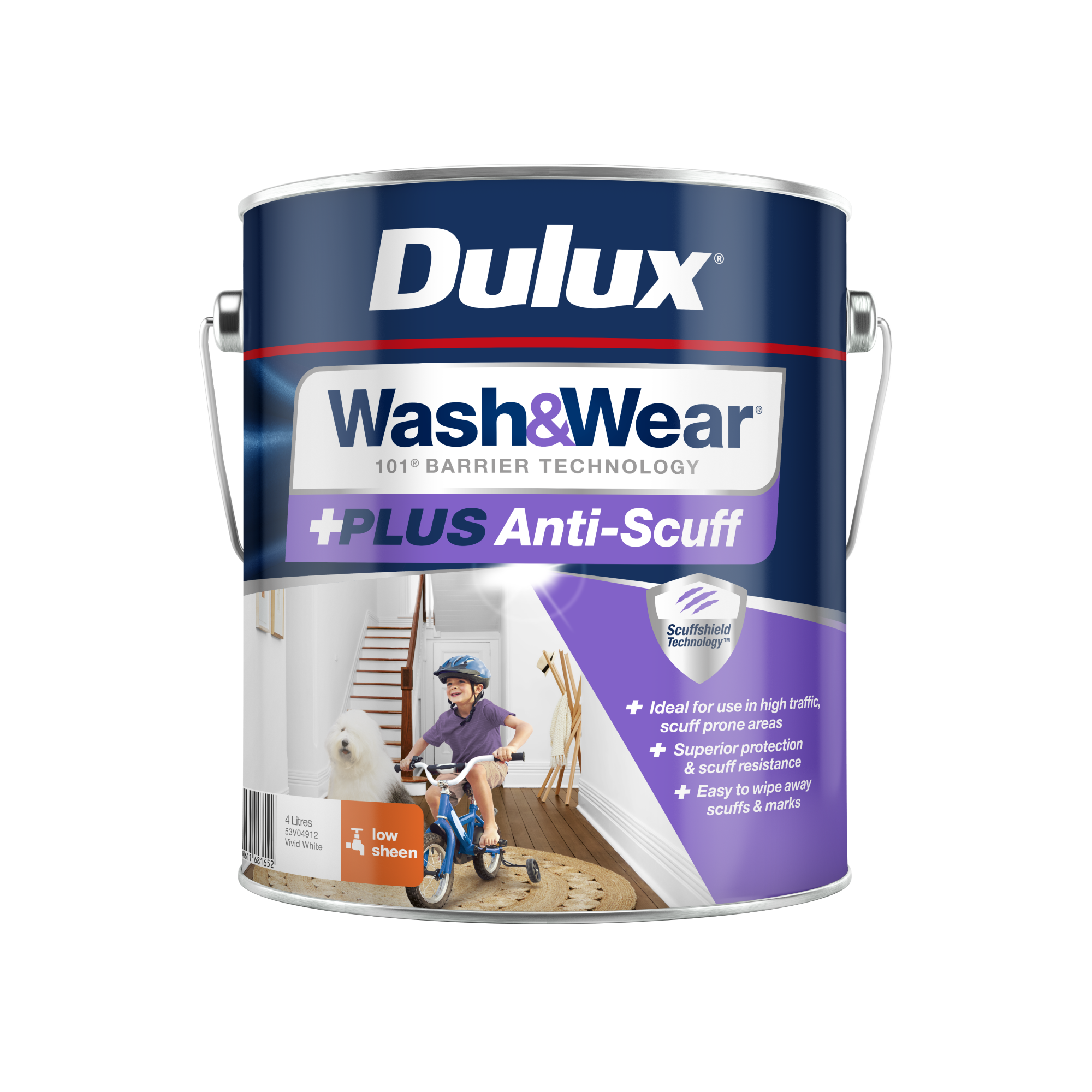 Dulux Wash&Wear +PLUS Anti-Scuff Low Sheen Vivid White 4L ...